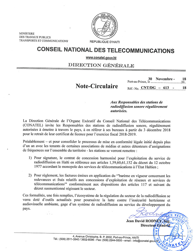 Note-Circulaire - 30 novembre 2018 | CONATEL